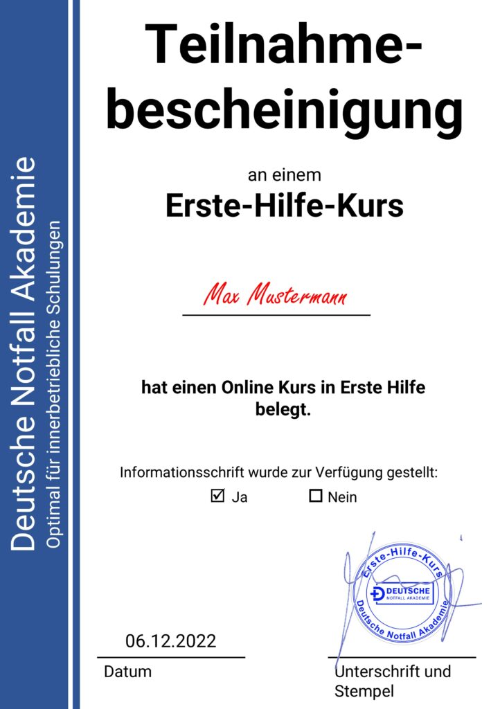 Erste Hilfe Kurs online inklusive Teilnahmebescheinigung
